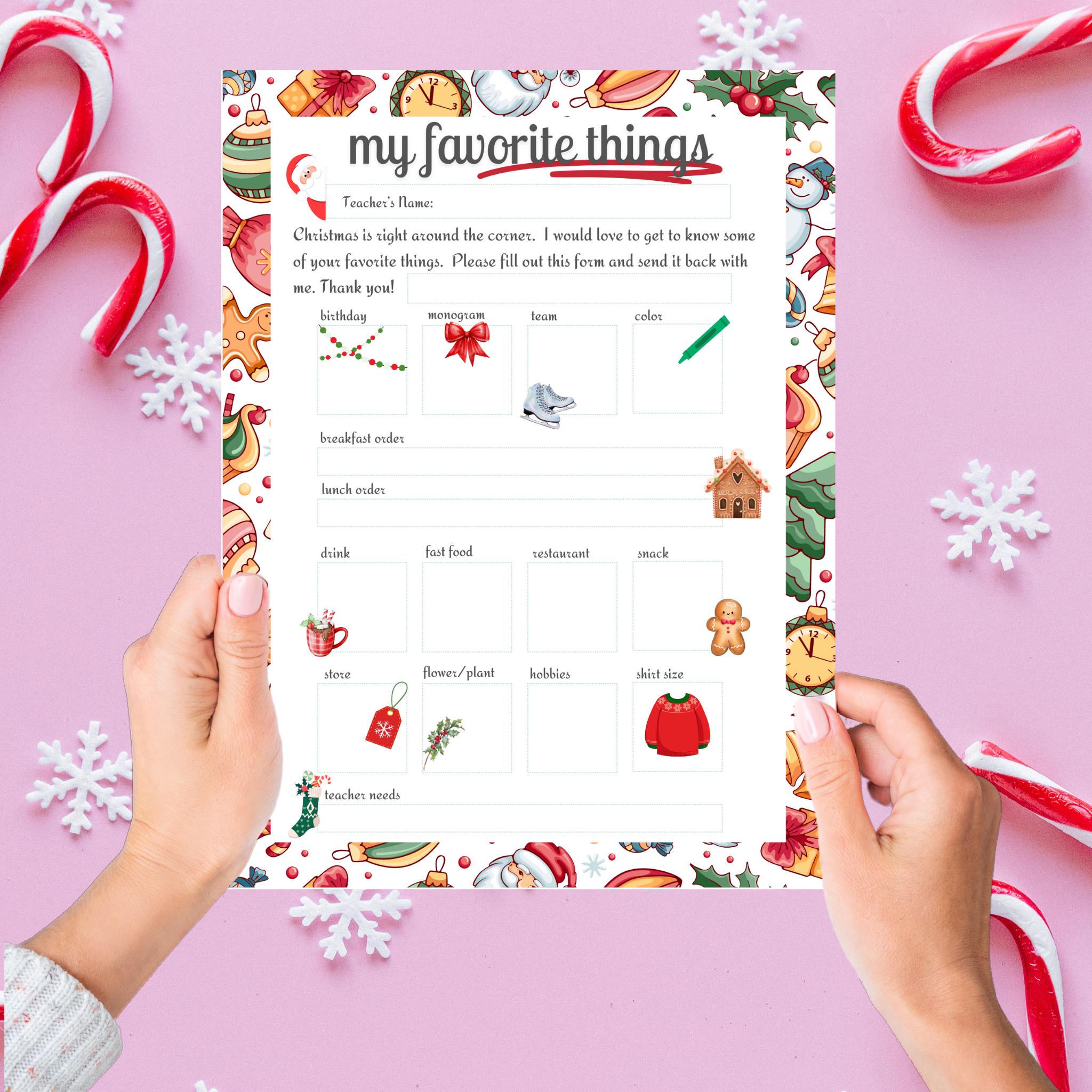 Teachers Favorite Things Printable, Christmas Teacher Gifts, Teachers ...