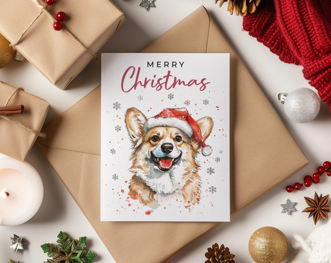 Corgi Christmas Card, Merry Christmas Corgi in A Santa Hat in A Snowy ...
