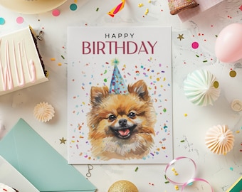 Pomeranian Birthday Card, Happy Birthday Party Hat and Balloons ...