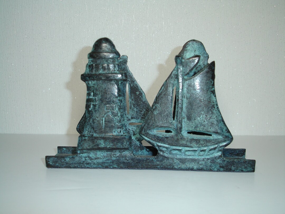 Brass Boat Letter Rack Lighthouse Yacht Tarnished Metal Bill Keeper ...