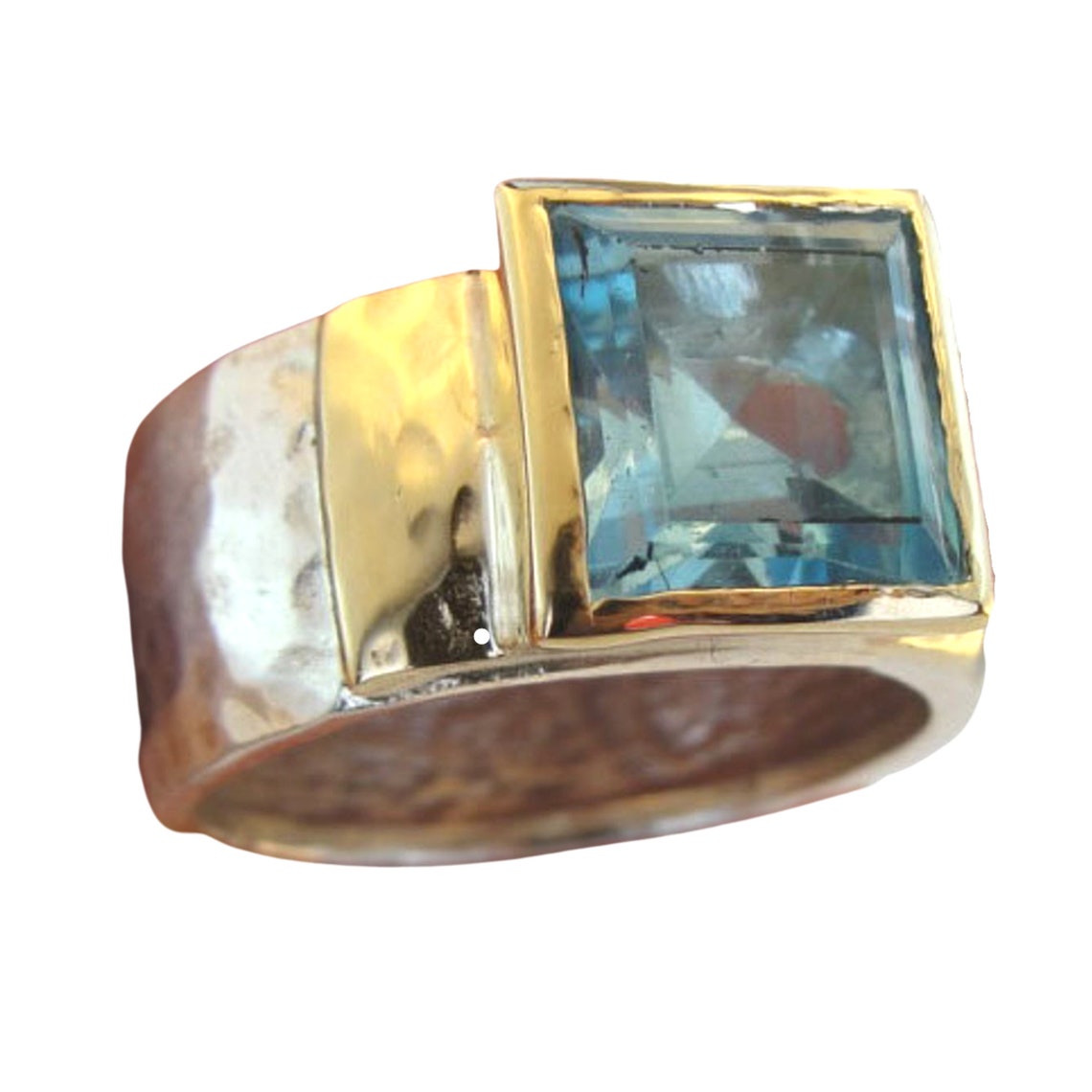 Square Blue Topaz Ring Silver and Gold Chunky Ring Square | Etsy