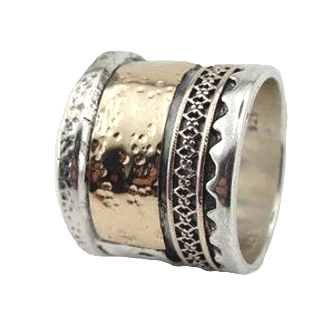Wide Ring, Sterling Silver Ring Decorated With 14K AND 9K Gold, Unisex ...
