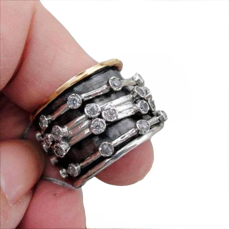 Wide Sterling Silver Ring With Yellow Gold and Clear Zircon - Etsy