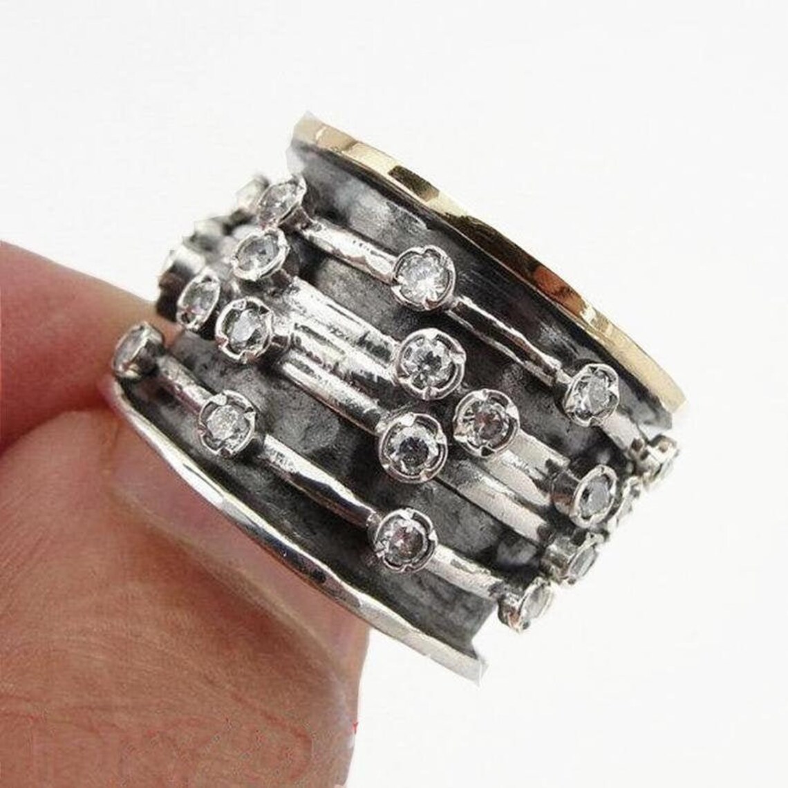 Wide Sterling Silver Ring With Yellow Gold and Clear Zircon - Etsy