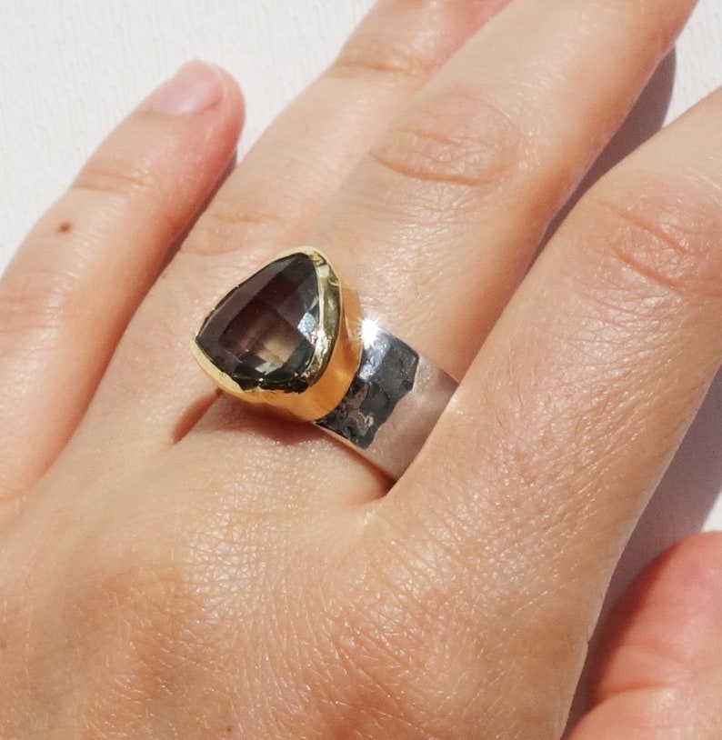 Green Amethyst Solid Silver and 9k Gold Ring Genuine Triangle - Etsy
