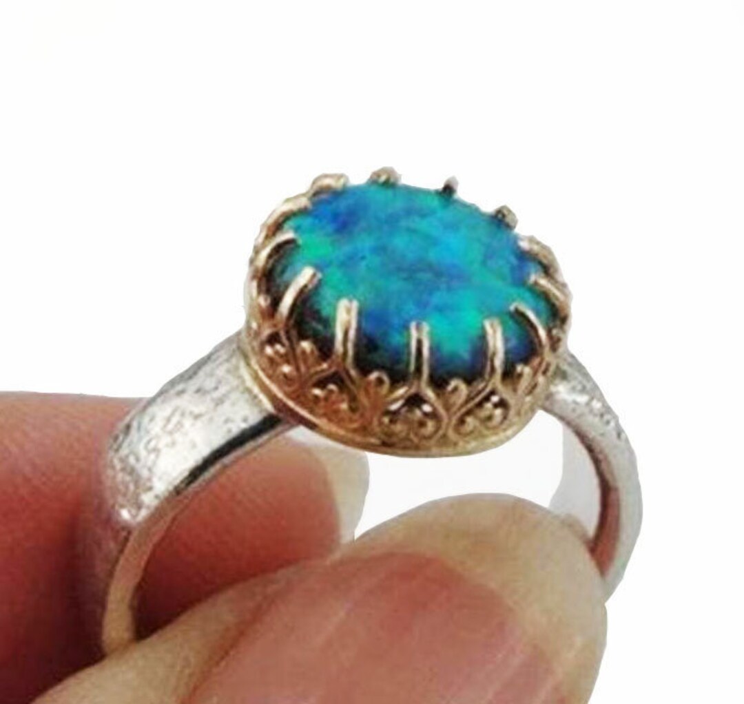 Blue Opal Ring, Sterling Silver Ring Decorated With Blue Opal and Gold ...