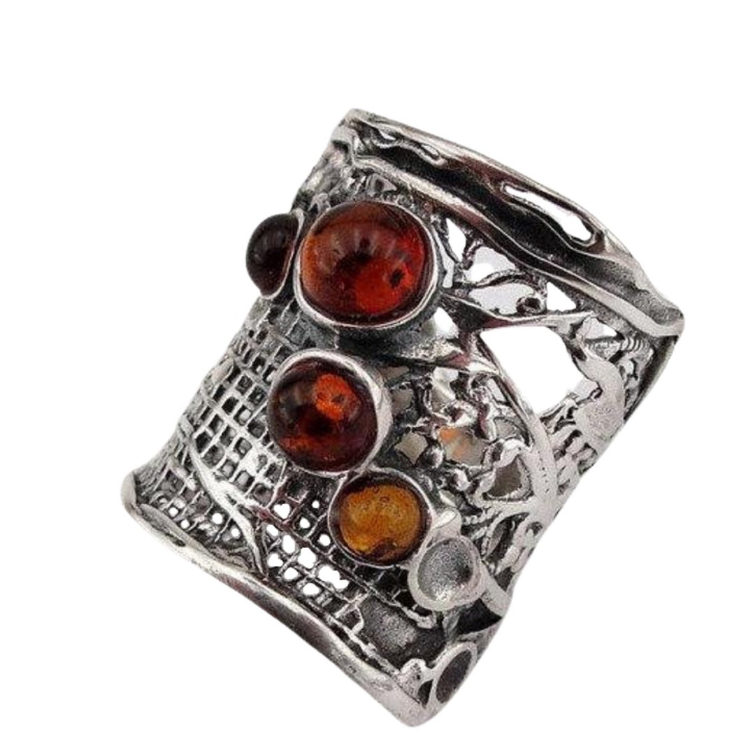 Amber Ring, Wide Amber Ring, Orange Amber Ring, Net Texture Amber Ring ...