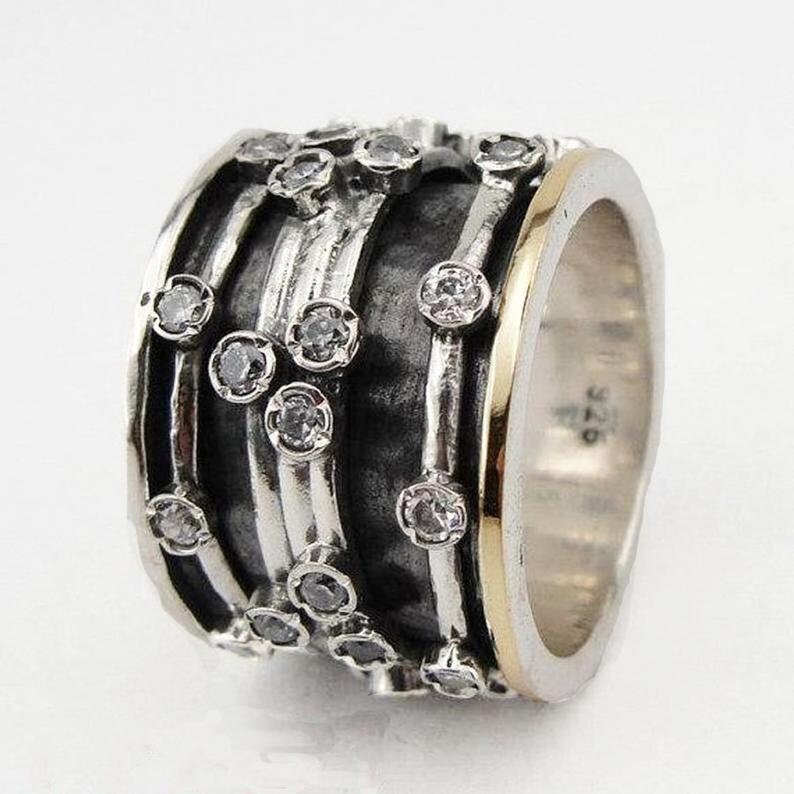 Wide Sterling Silver Ring With Yellow Gold and Clear Zircon - Etsy