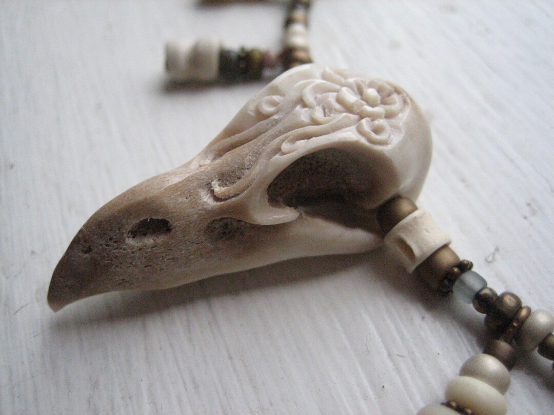 Raven Skull Necklace, Bird Skull Pendant, Bohemian Goth, Beaded ...