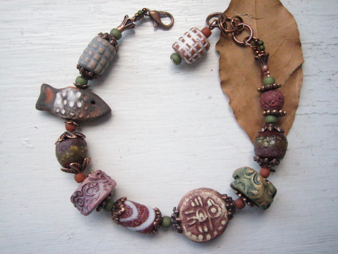 Rustic Ceramic Fish Bracelet, Artisan Ceramic, Chunky Bead, Primitive ...