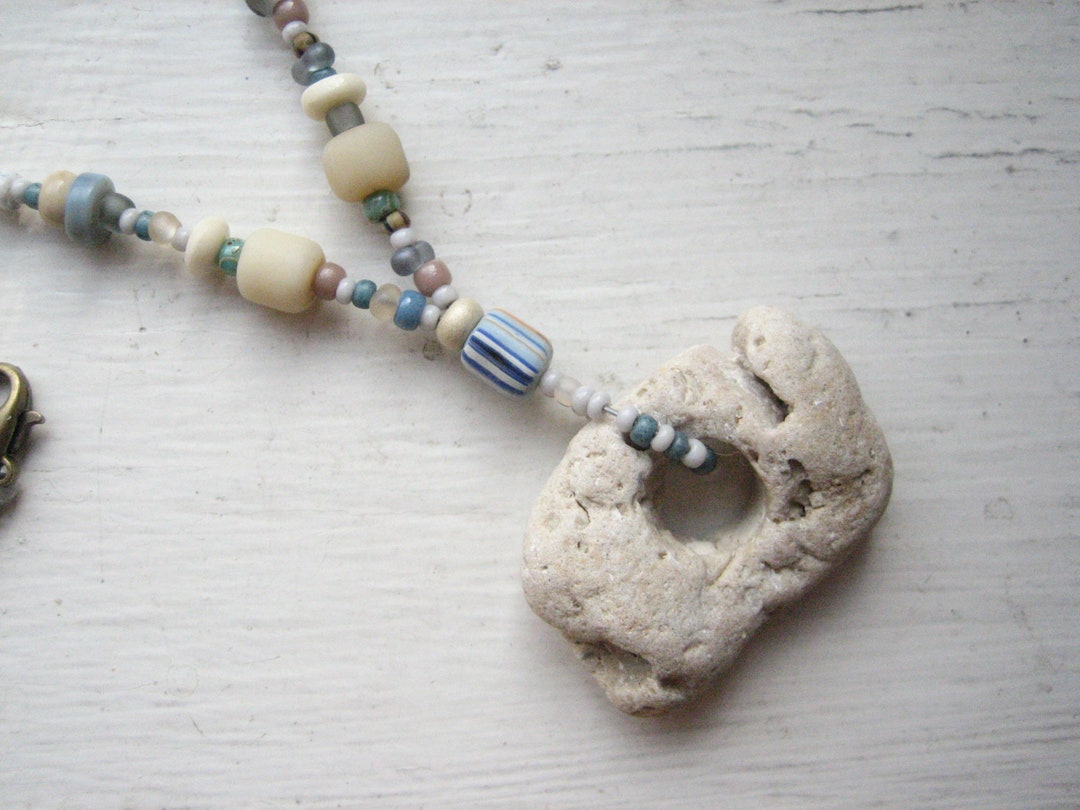 Hag Stone Necklace, Natural Beach Stone, Beaded Organic Earthy, Ocean ...