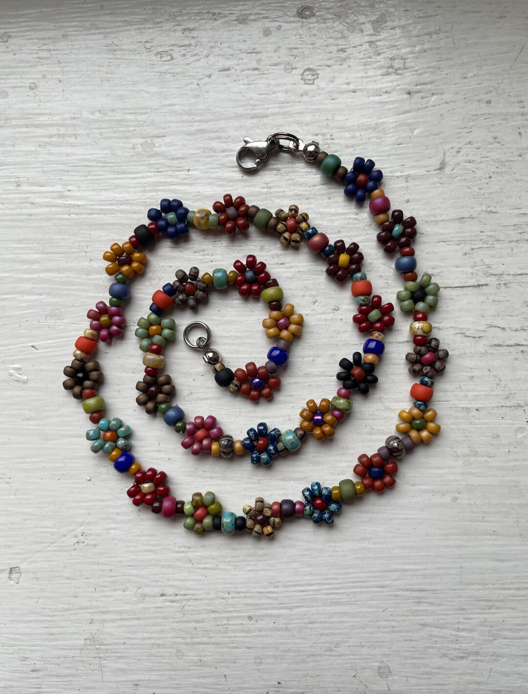 Daisy Chain Necklace, Earthy Colourful, Seed Bead Necklace, Layering ...