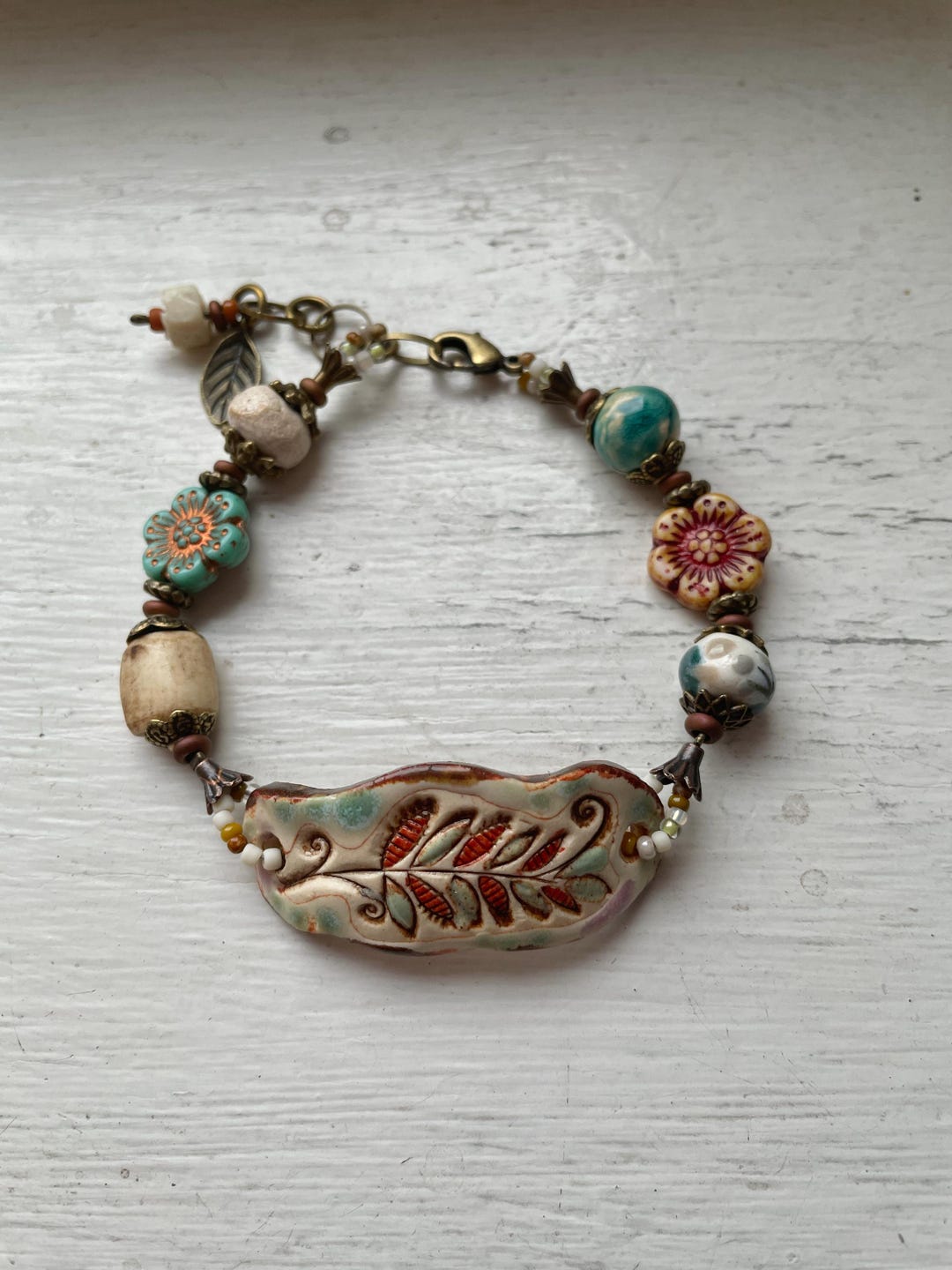 Rustic Woodland Bracelet, Folk Art Style, Multi Mixed Bead, Ceramic ...
