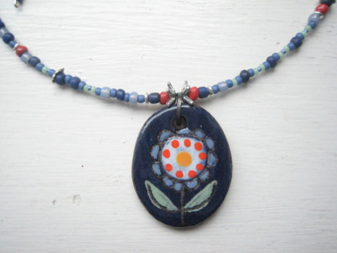 Folk Art Style Flower Necklace, Boho Rustic, Cottage Core, Artisan ...