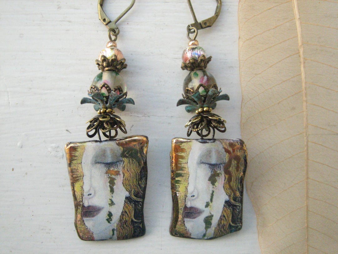 Klimt Golden Tears Earrings, Artisan Porcelain, Klimt's Crying Girl ...