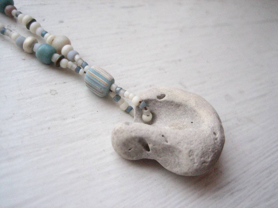 Hag Stone Necklace, Natural Beach Stone, Beaded Organic Earthy, Ocean ...