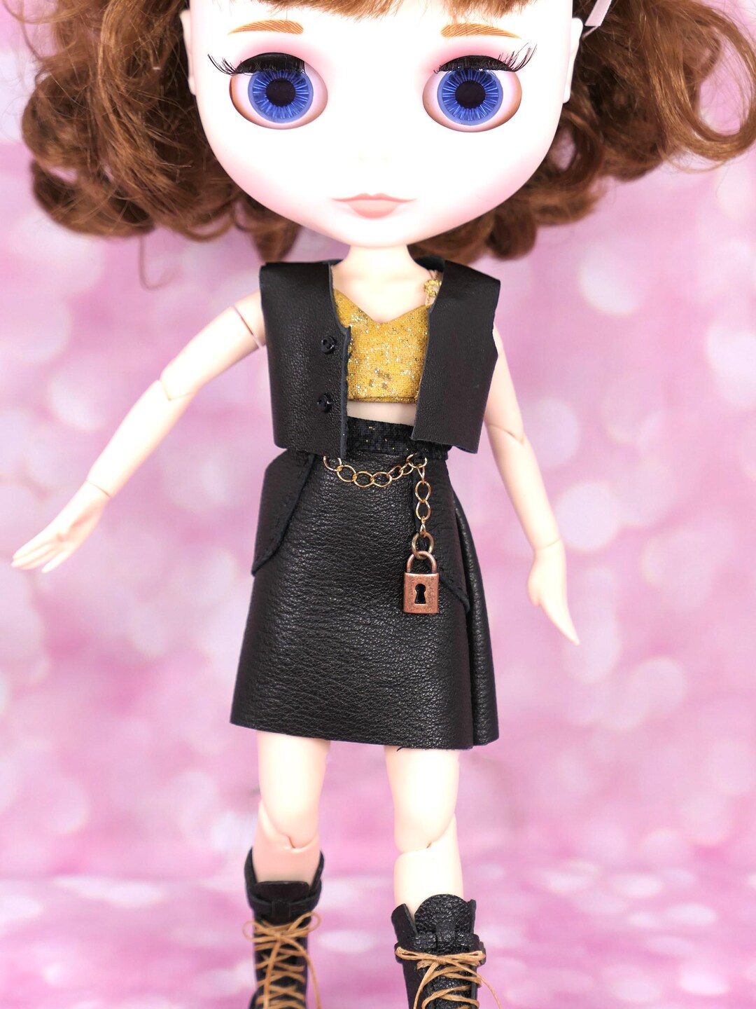 Blythe Doll Clothes Black Leather Skirt and Vest With Gold Top Fits 11 ...