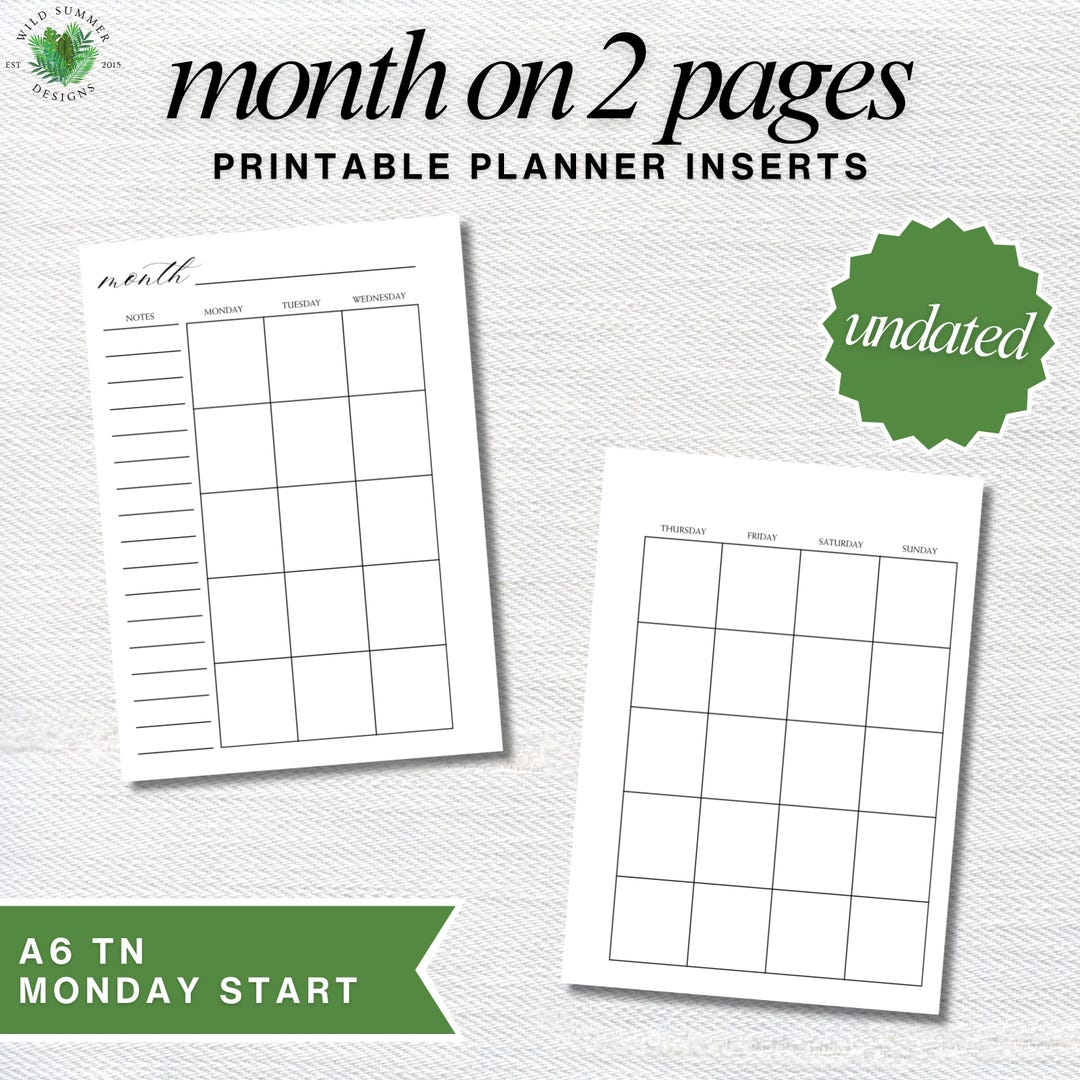 Printable Planner Inserts A6 TN Month on 2 Pages Undated Monday Start ...