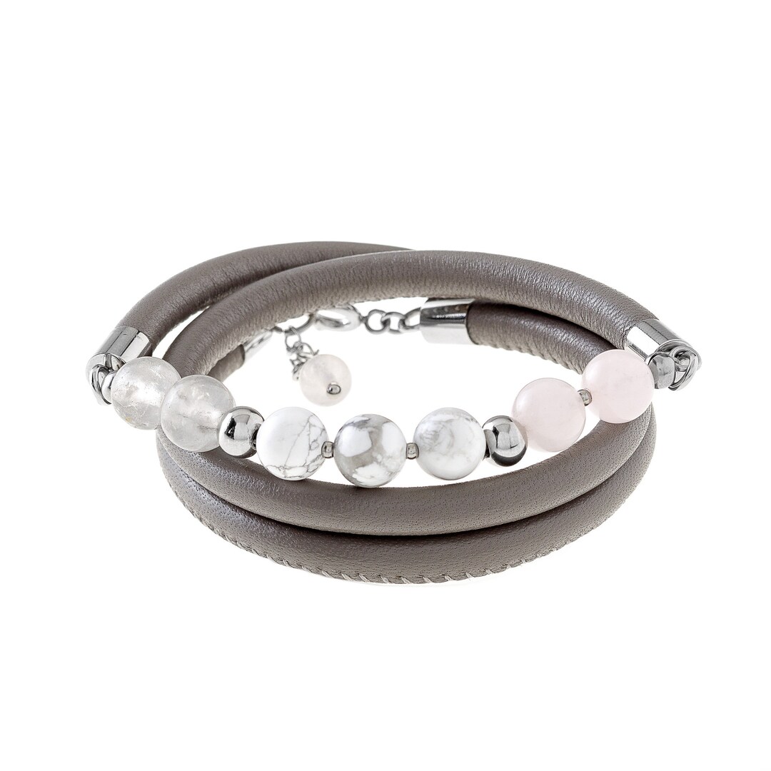 Leather Bracelet CLOUDY, Gray Leather Bracelet for Women, Beaded Gray ...
