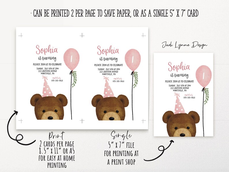 Teddy Bear Balloon Girl Invitation Beary First Birthday - Etsy