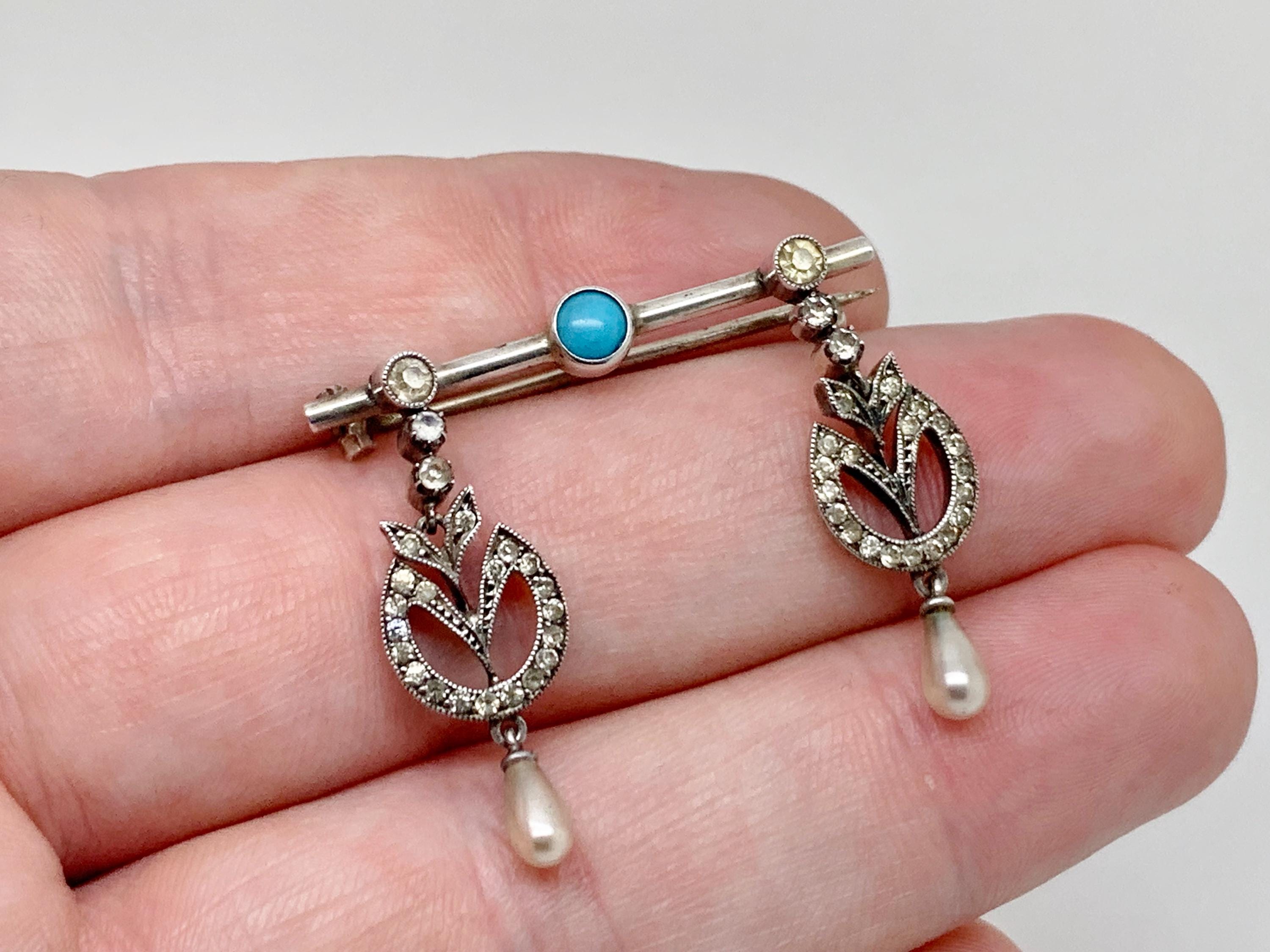 Antique Belle Epoque Sterling Silver Turquoise, Pearl & Paste Ornate ...
