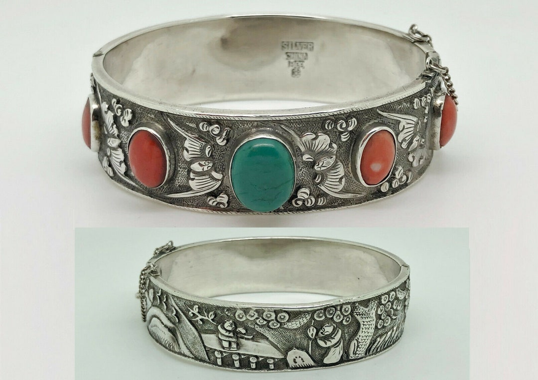 Rare Antique Chinese Export BEE Sterling Silver Gemstone Repousse ...