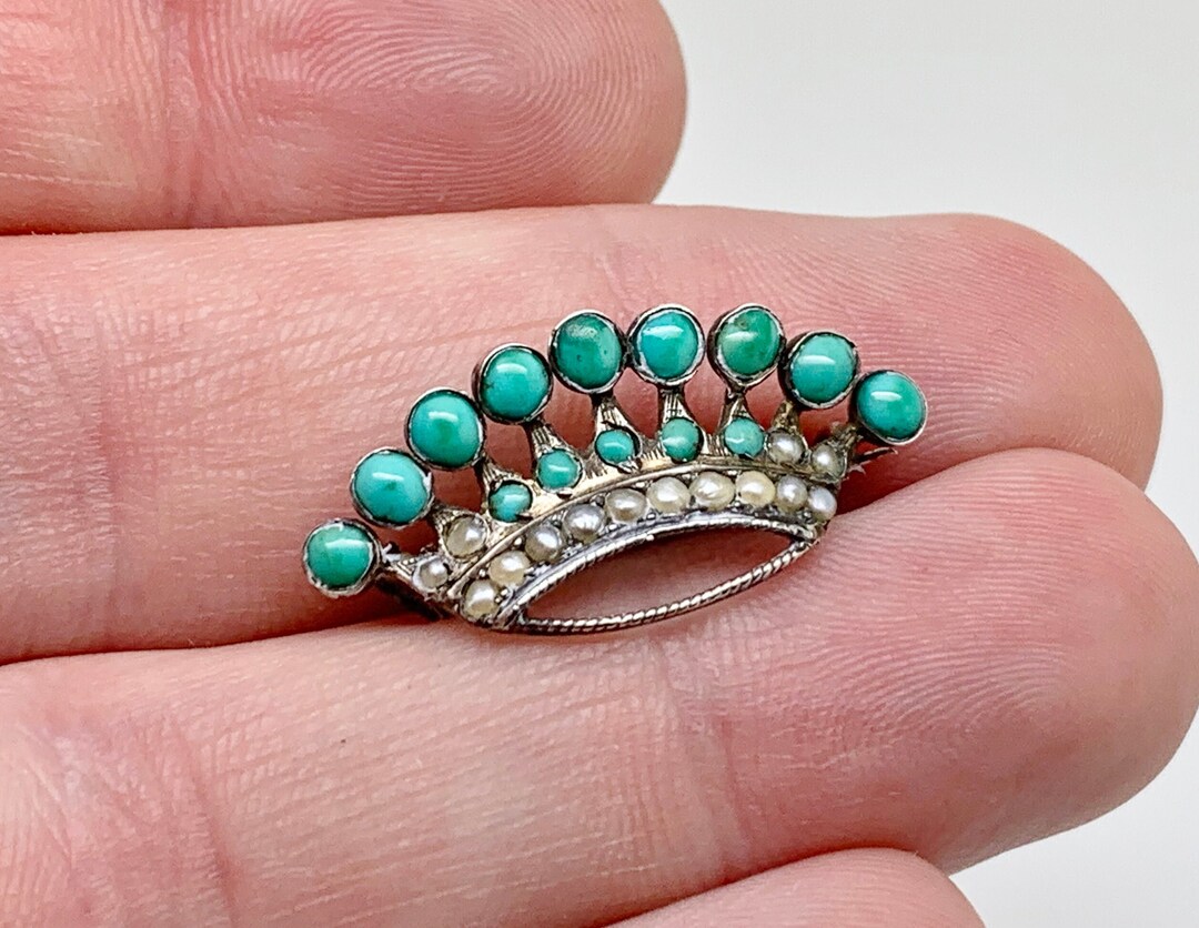Antique Victorian Sterling Silver Natural Turquoise & Pearl Coronet ...