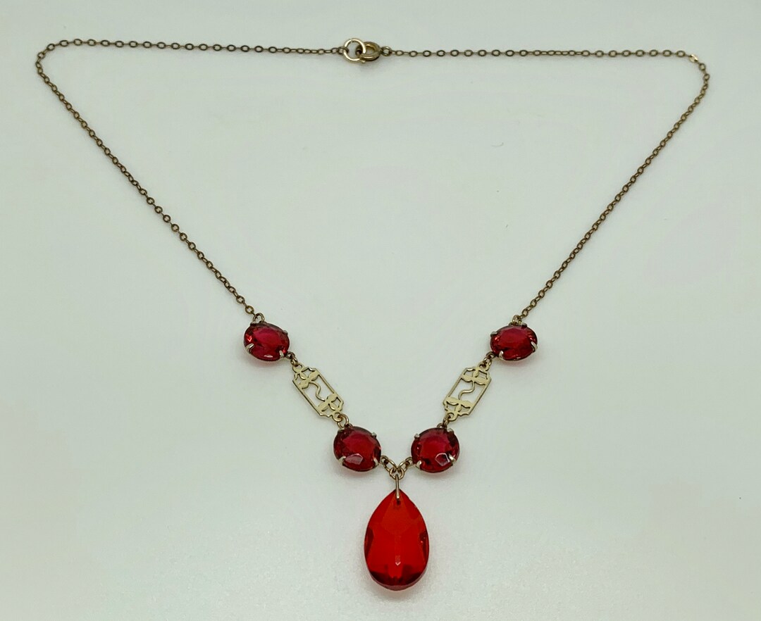Antique Art Deco Rolled Gold Ruby Red Paste Glass Pear Drop Necklace 16 ...