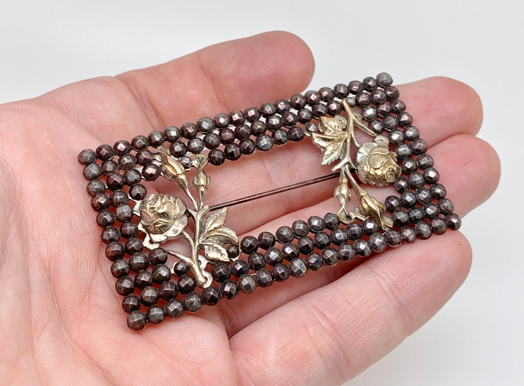 Antique Victorian Cut Steel & Gilt Metal Rose Flower Rectangle ...