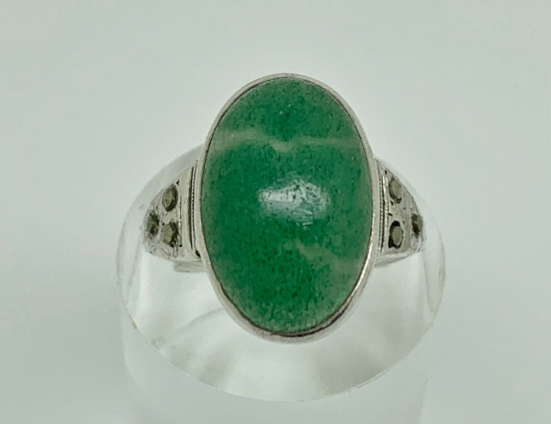 Antique Art Deco Sterling Silver Fuchsite Muscovite & Marcasite Ring ...