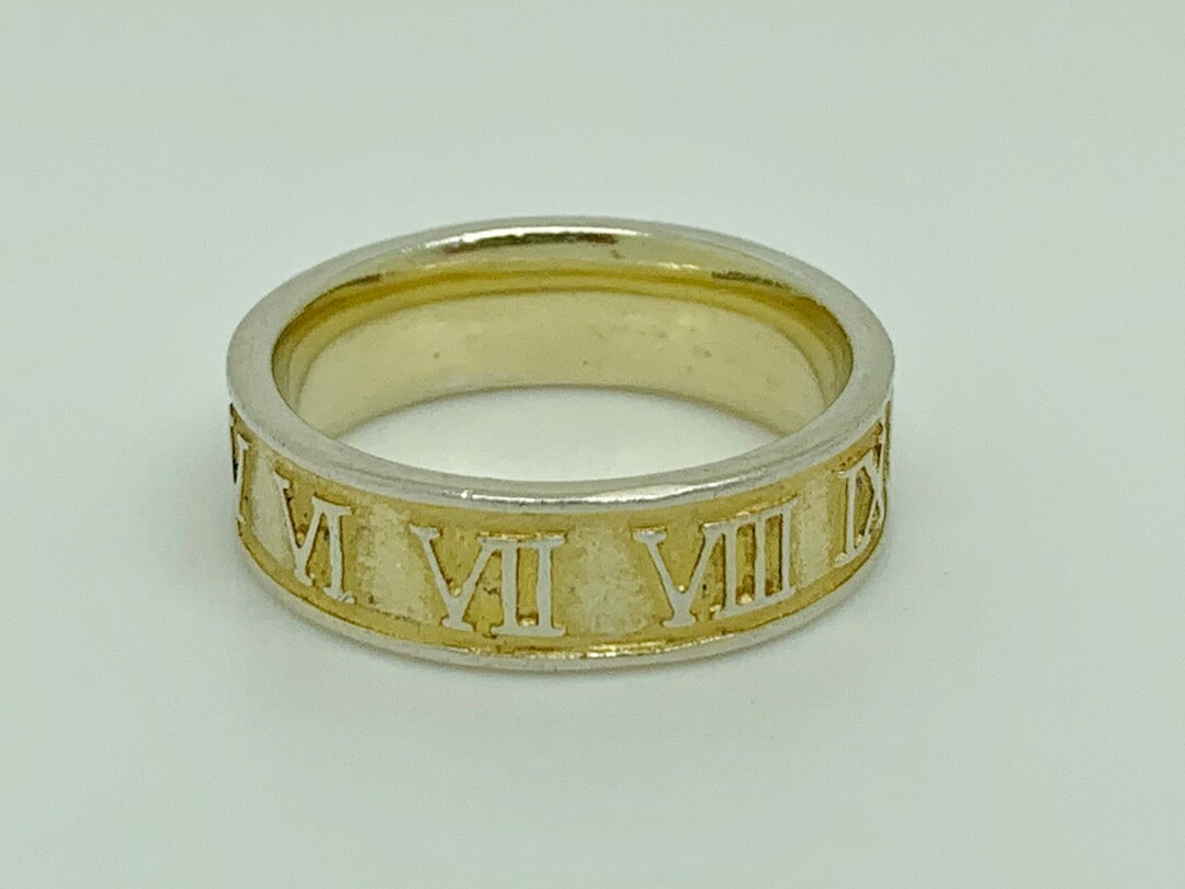 Gold on Sterling Silver Roman Numerals I-XII Band Ring Size Q 1/2 US 8. ...