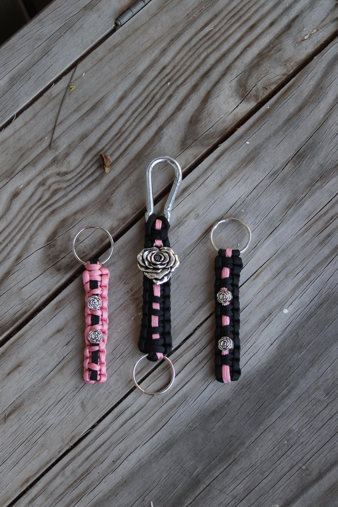 Black/pink Paracord Keychains With Rose Accents - Etsy