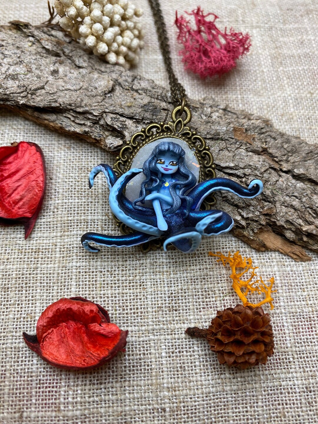 Blue Octopus and Blue Hair Necklace - Ursula Inspiration - Polymer Clay ...