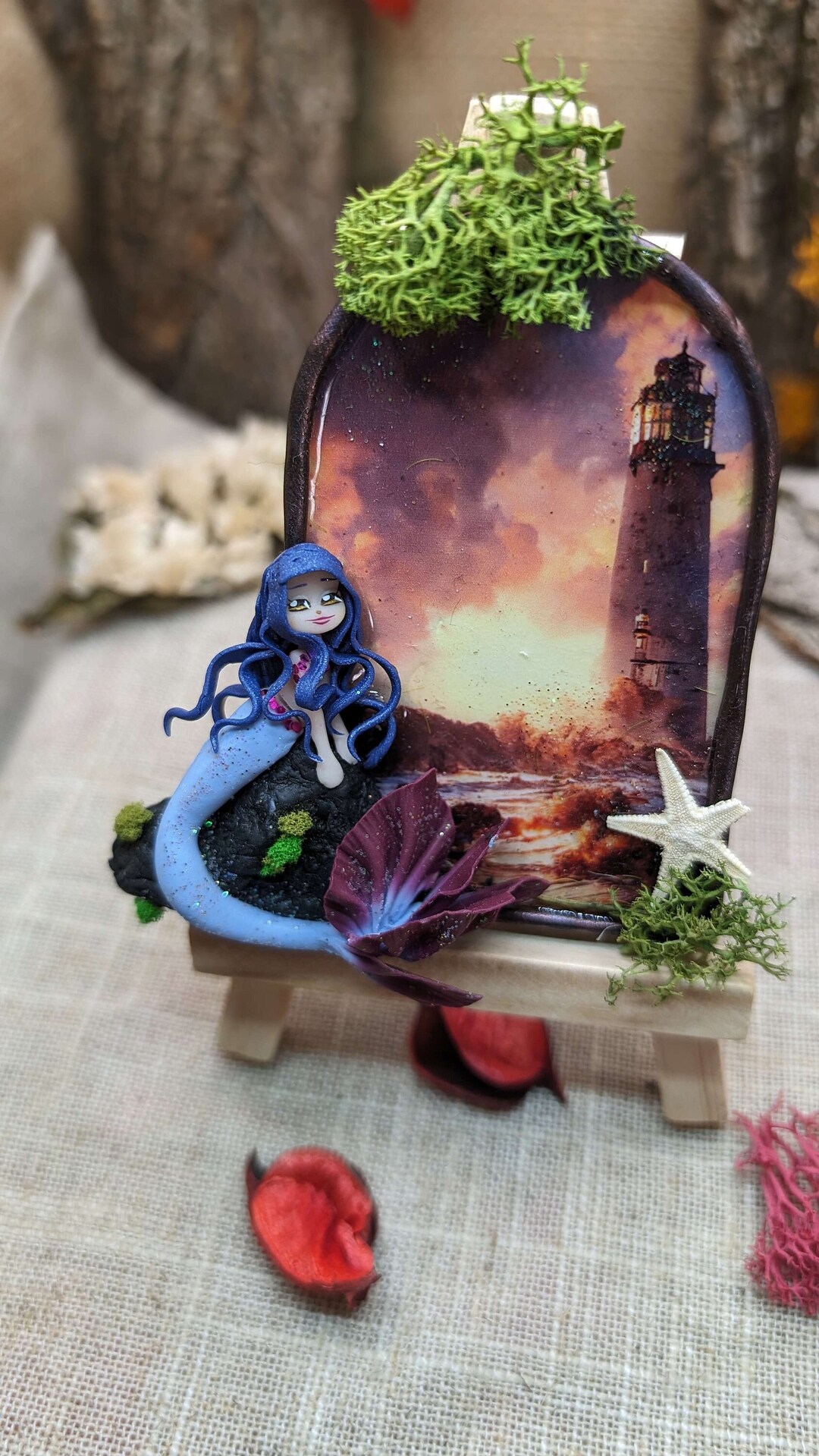 Ornament / Magnet Blue Mermaid on Her Rock and Her Lighthouse - Etsy