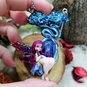 Red and Blue Firefly Fairy on a Fantasy Tree With a Lapis Lazuli Red Hair Chibi Polymer Clay ...