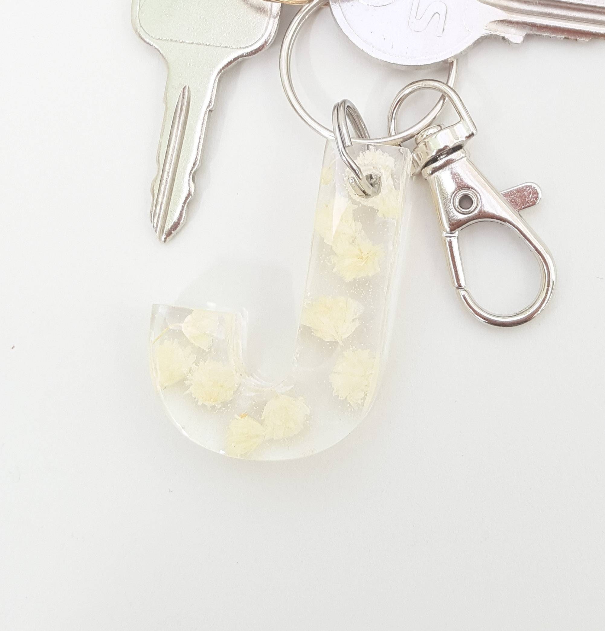 Real Flower Initial Keychains White Large Letter Initial - Etsy