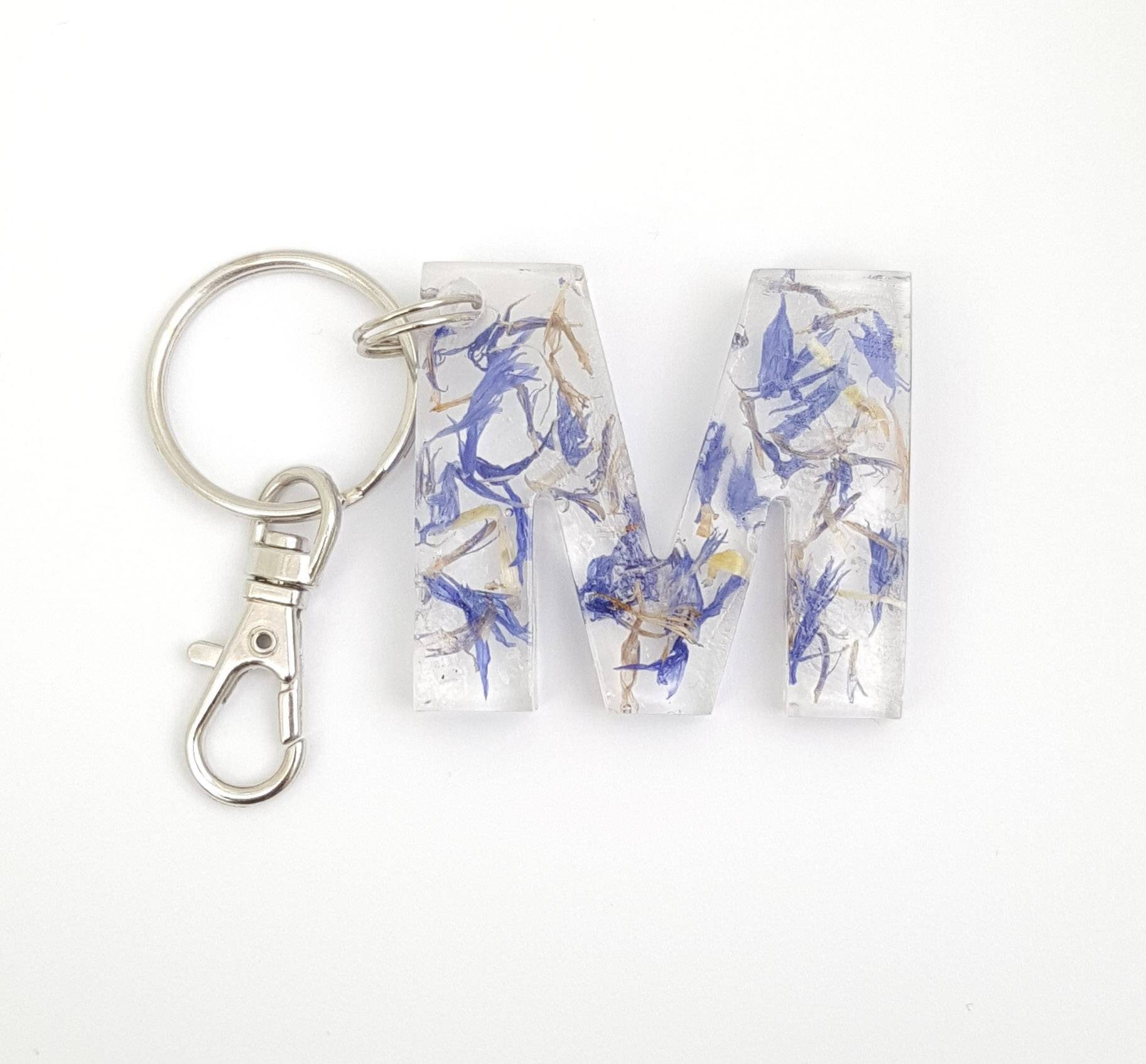 Resin Initial Keychain With Blue Petals Personalised Letter | Etsy