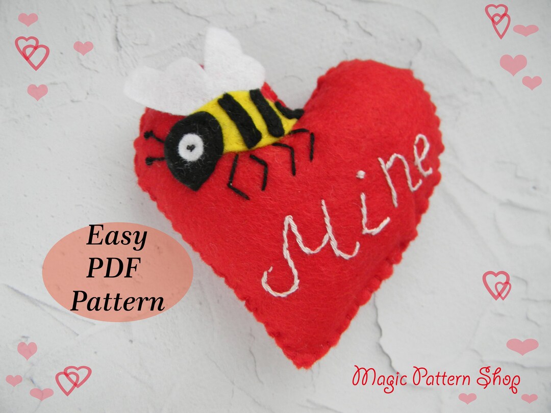 Bee Mine Valentines Day Pattern PDF Felt Heart Ornaments Pattern Kawaii ...
