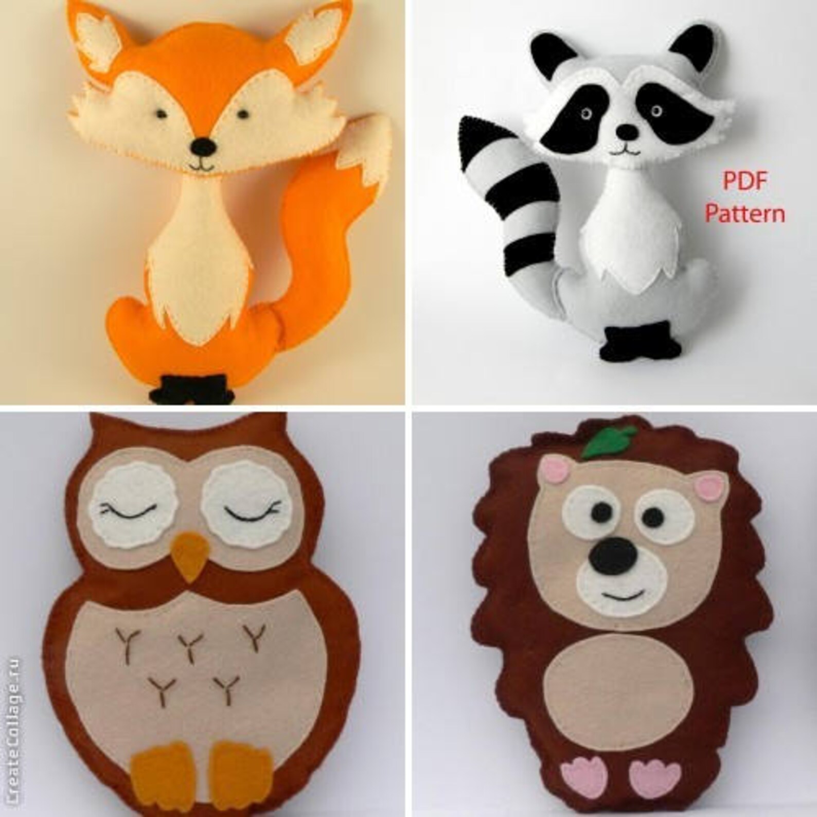 Animal Felt PDF Pattern Felt Hand Sewing Fox Raccon Owl - Etsy