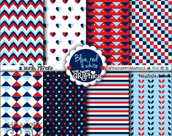 Nautical Digital Paper: BLUE & RED NAUTICAL Patterns Seamless Pattern ...