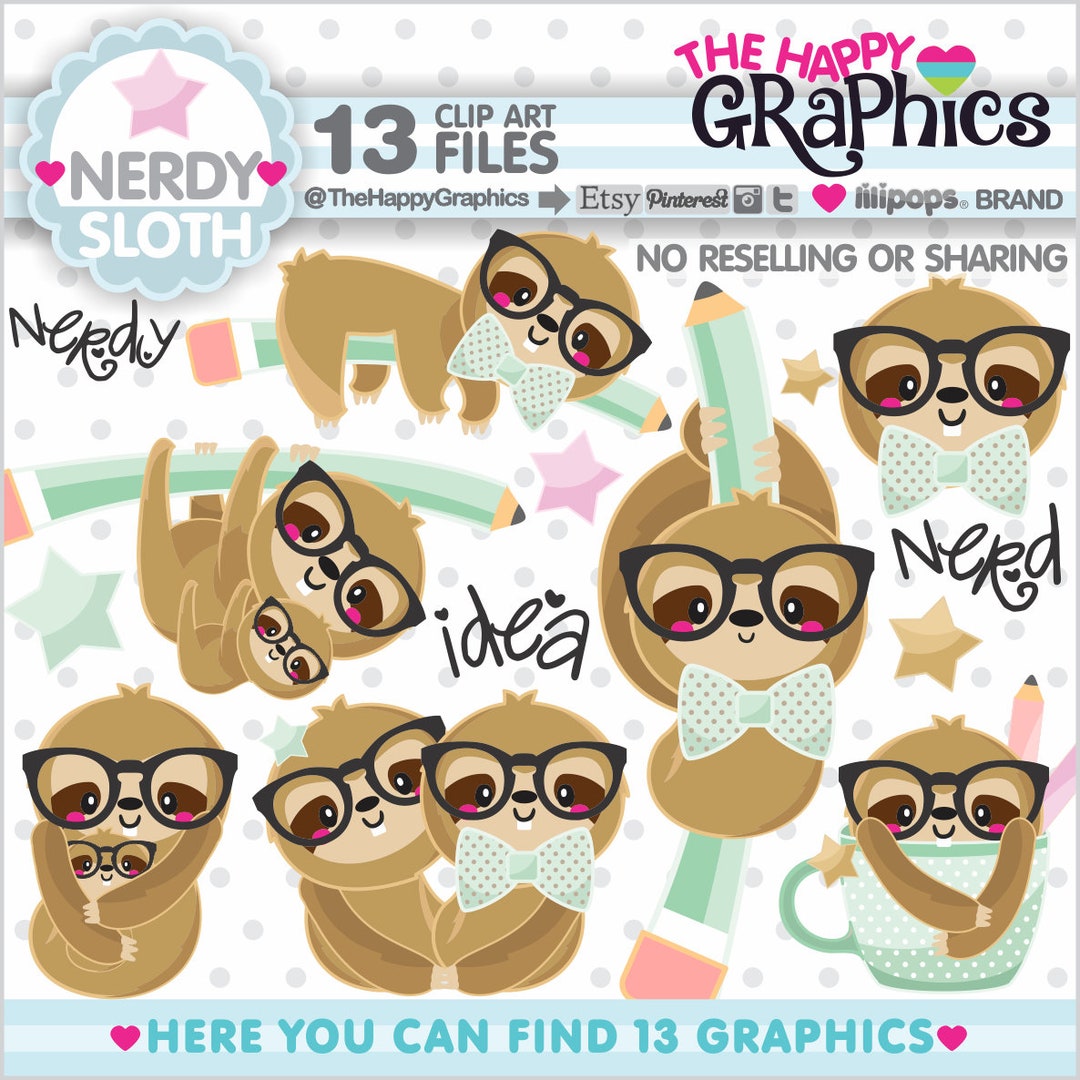 Sloth Clipart, Sloth Graphics, COMMERCIAL USE, Nerd Clipart, Nerdy ...