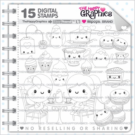 Tea Stamp, COMMERCIAL USE, Digi Stamp, Tea Digistamp, Kawaii Stamps ...