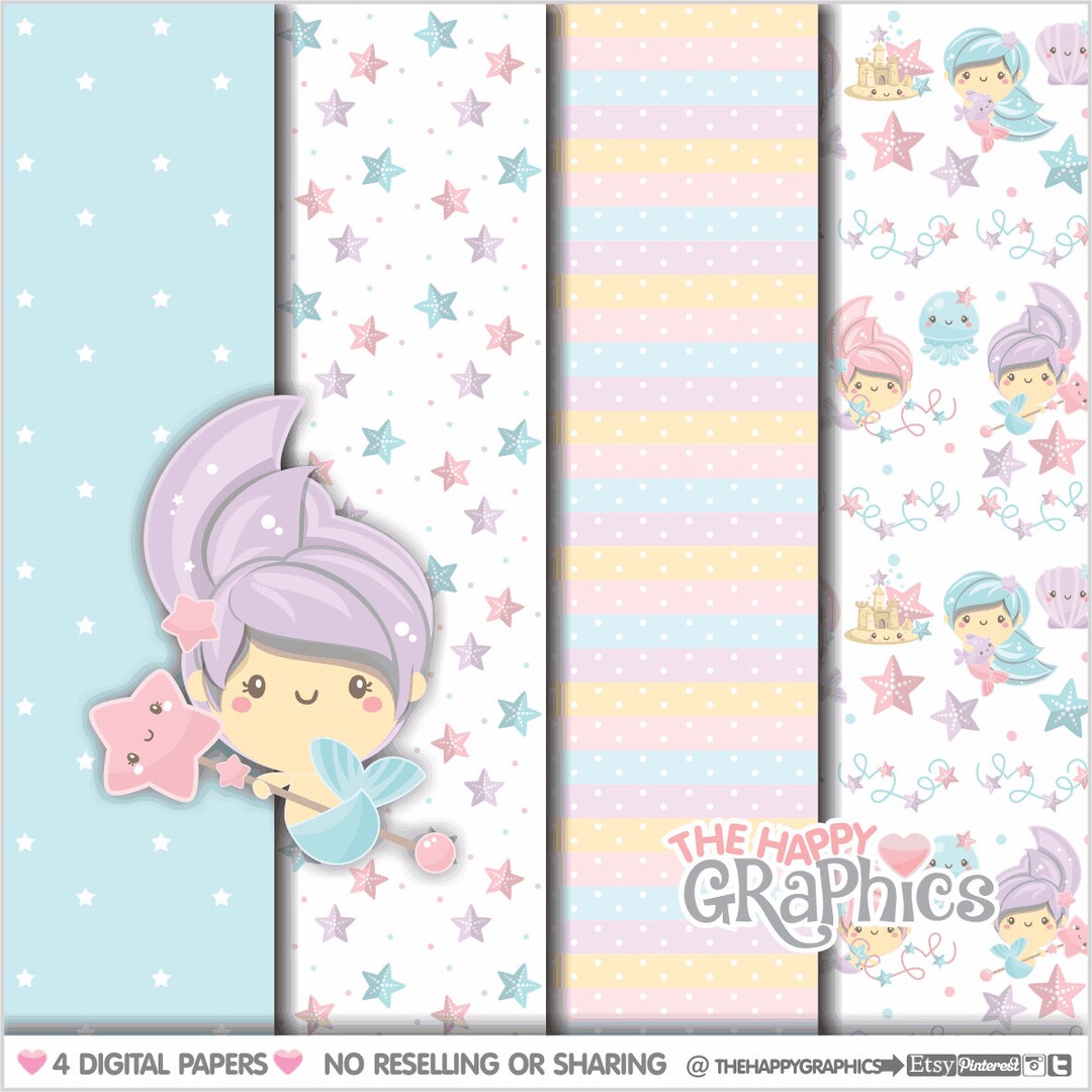 Mermaid Digital Papers, Mermaid Pattern, COMMERCIAL USE, Star Pattern ...