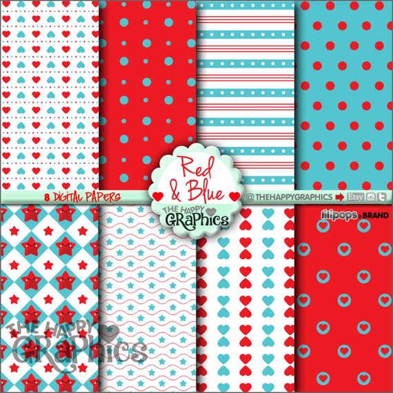 Blue Digital Paper, COMMERCIAL USE, Cute Pattern, Printable Paper, Red ...
