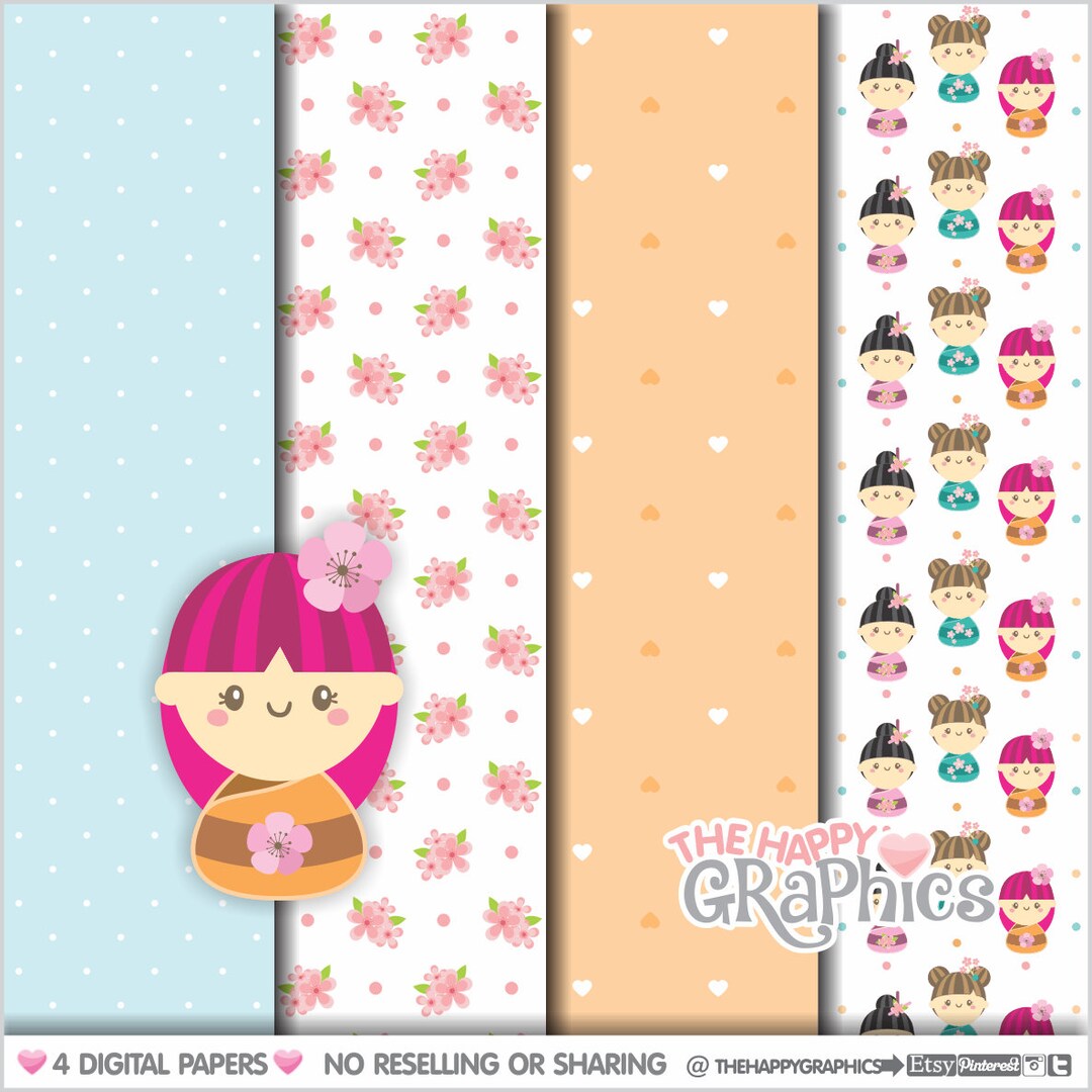 Kokeshi Dolls, Digital Paper, Japanese Paper, COMMERCIAL USE, Kokeshi ...