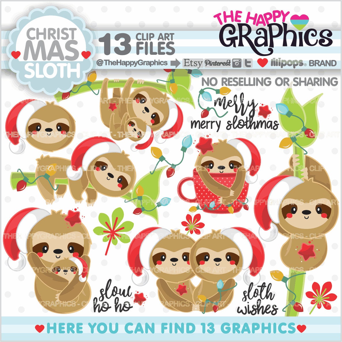 Sloth Clipart Sloth Graphics COMMERCIAL USE Christmas | Etsy