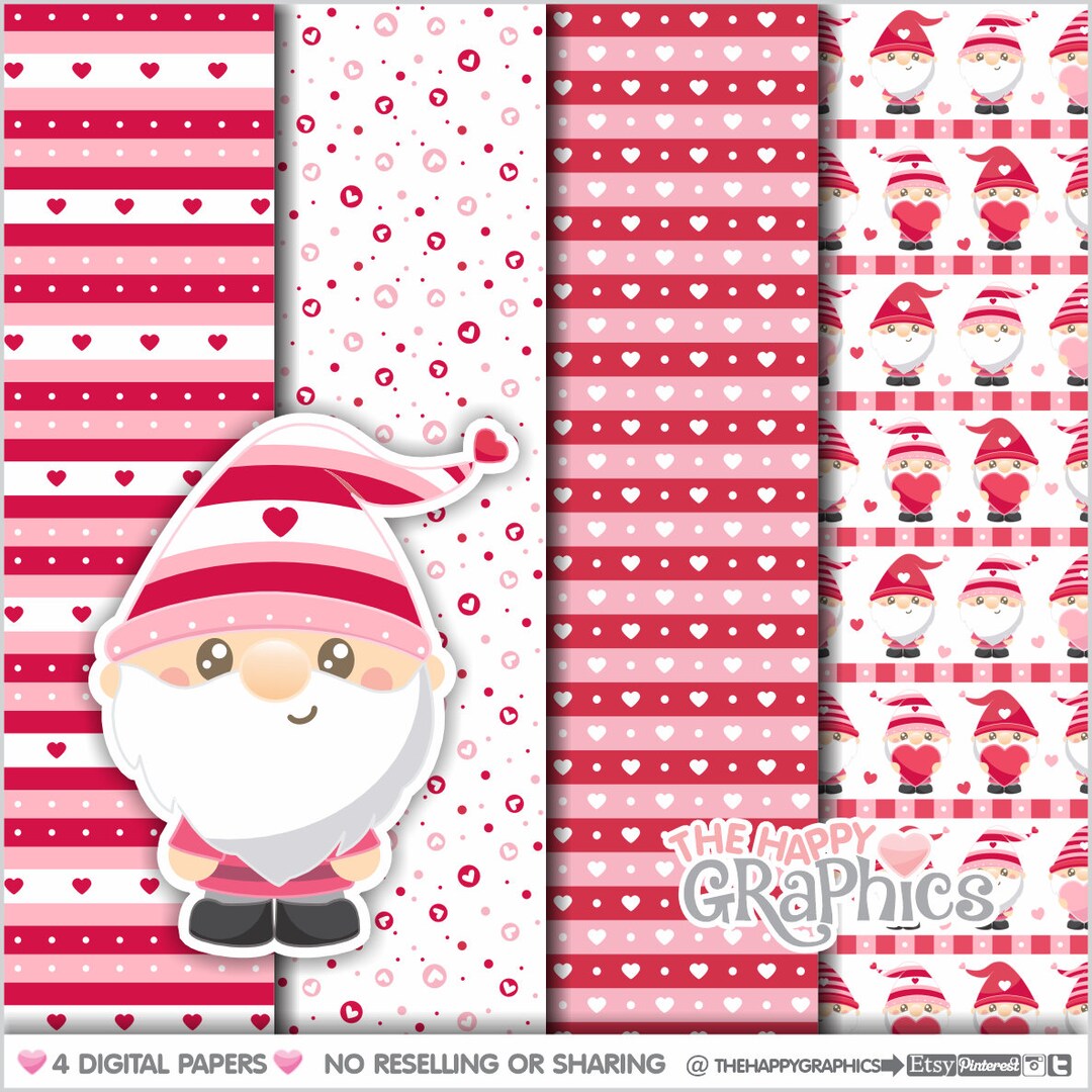 Gnome, Digital Paper, Valentine Gnomes, Love Paper, Valentine's Day ...