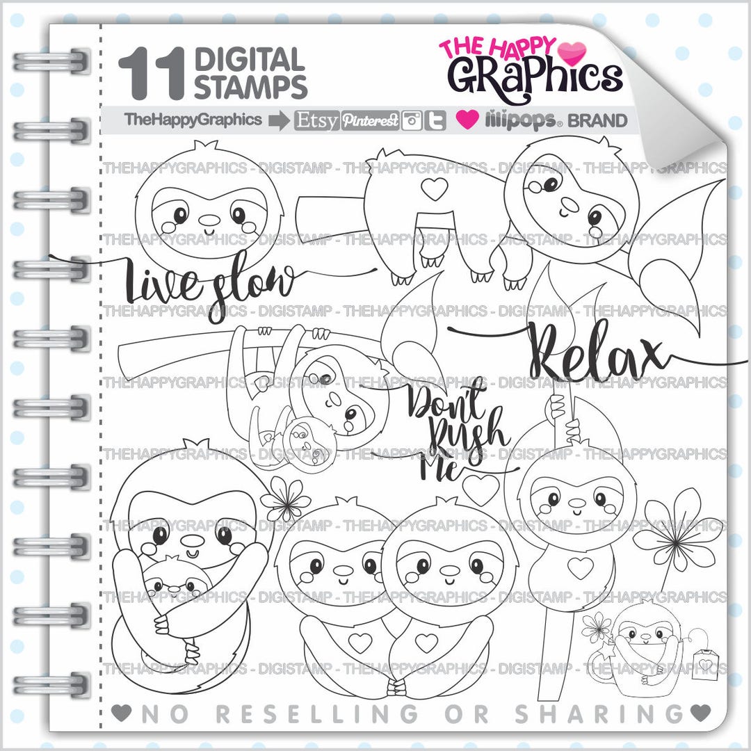 Sloth Stamp, COMMERCIAL USE, Digi Stamp, Sloth Digistamp, Kawaii Stamps ...