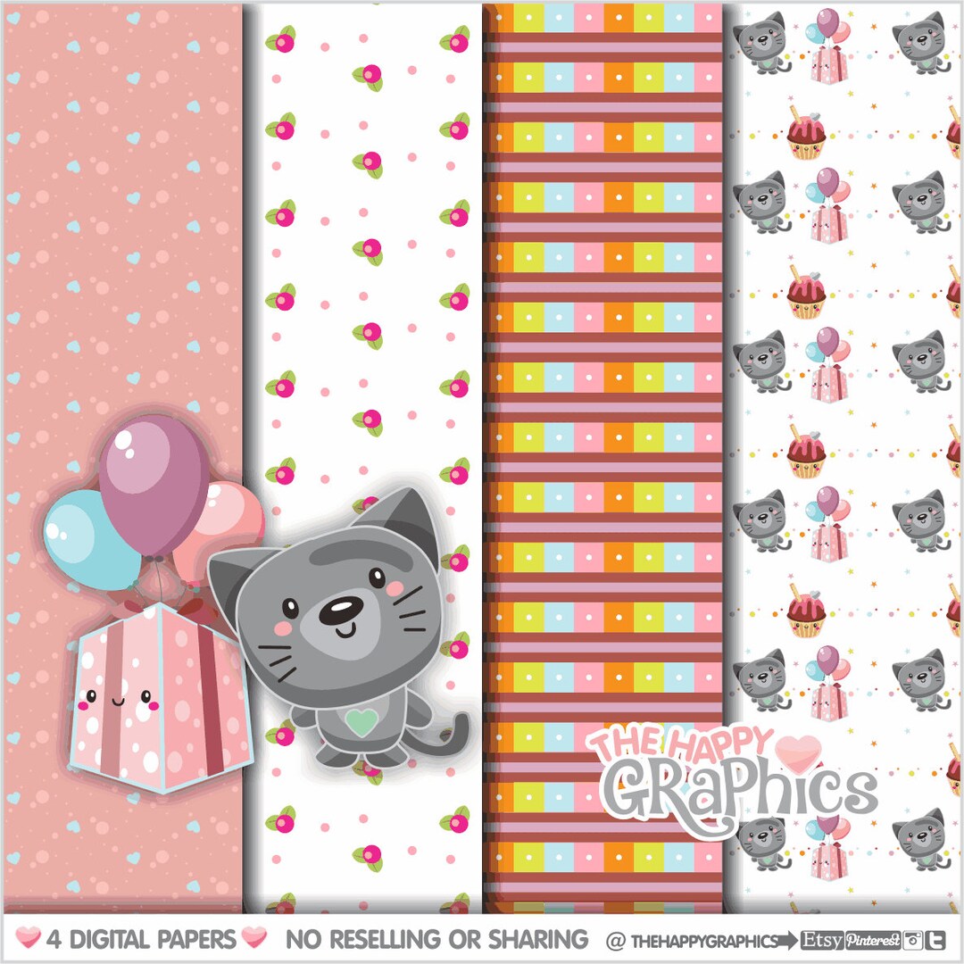 Birthday Digital Papers, Birthday Pattern, COMMERCIAL USE, Cat Pattern ...
