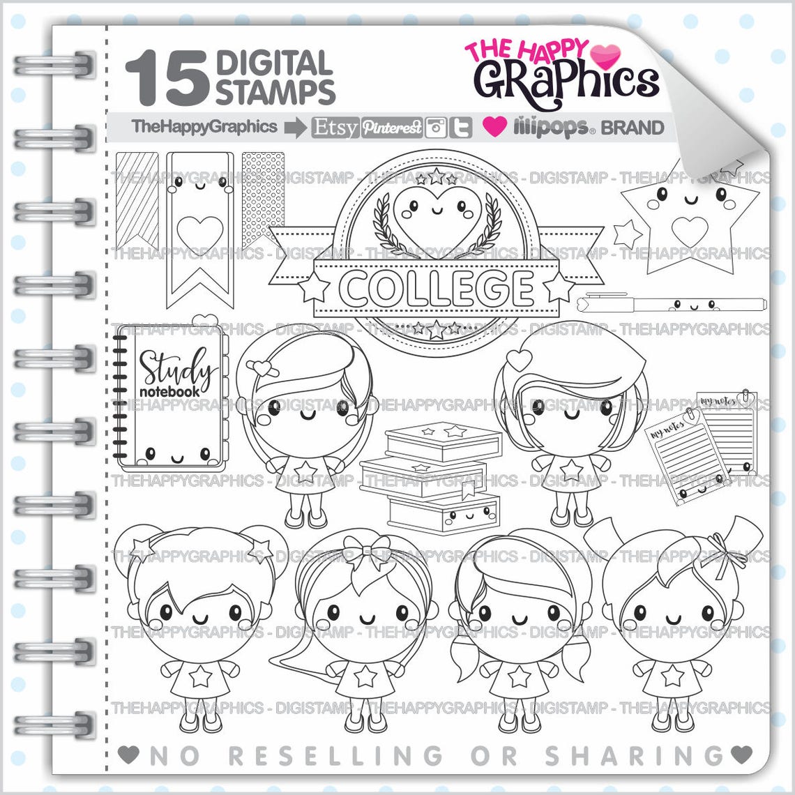 College Stamp COMMERCIAL USE Digi Stamp Girl Stamp School | Etsy